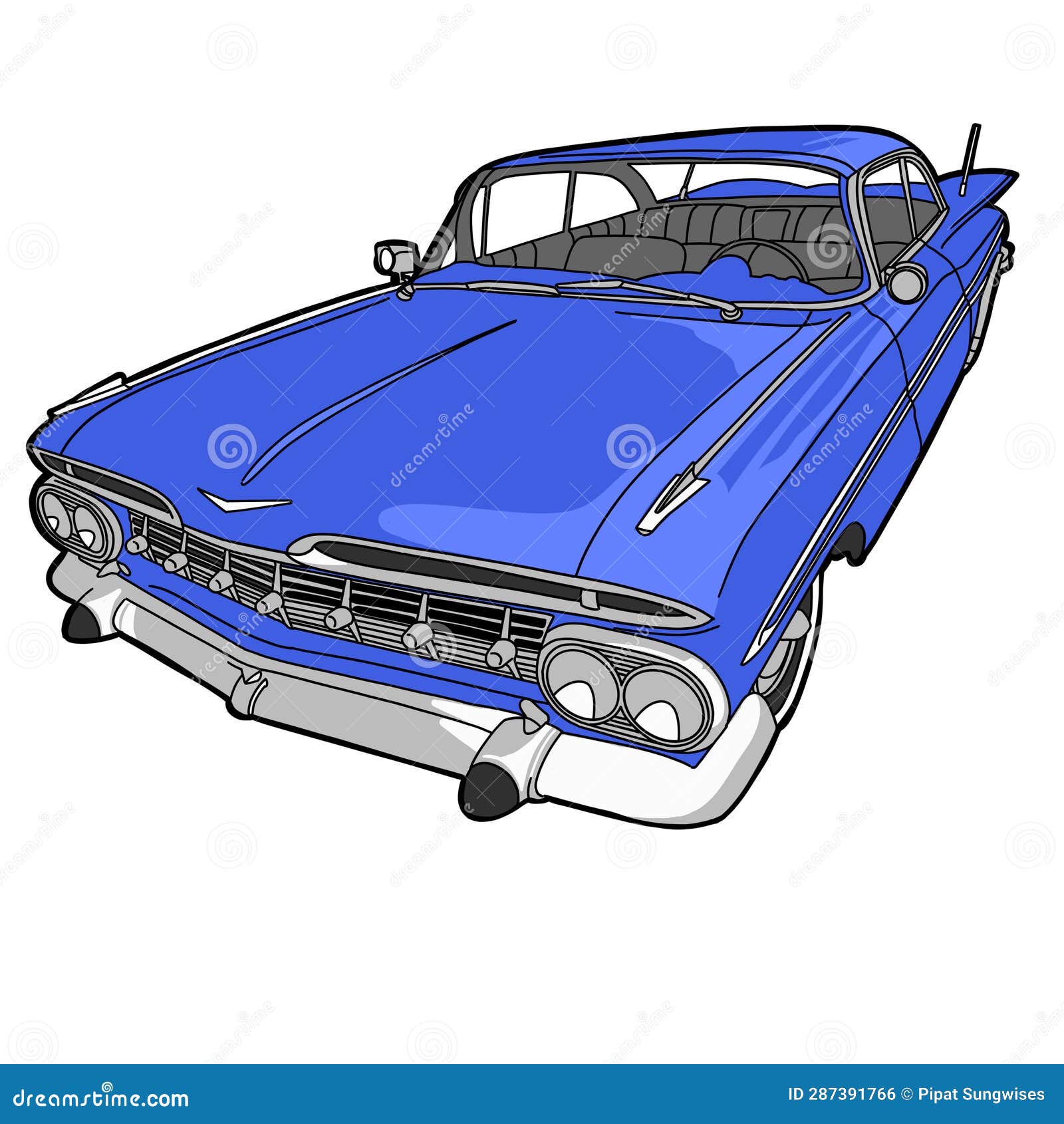 A Vintage Blue Car Classic Style Vehicle Front View Wide Angle Lens ...