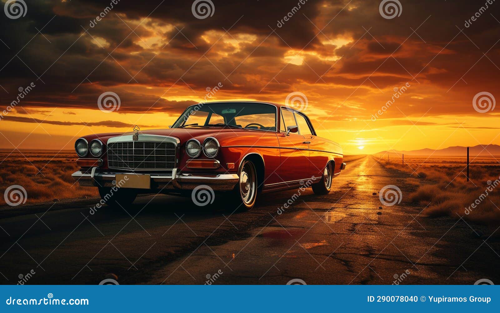 Vintage Car Driving on an Old Road, Sunset Golden Reflection Generated ...