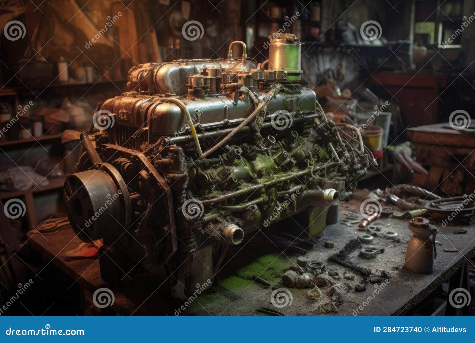 Vintage Car Engine Being Restored in Garage Stock Photo - Image of ...