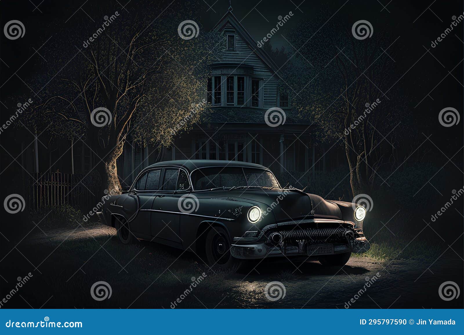 Vintage Car in Front of a Haunted House. 3d Rendering Stock ...
