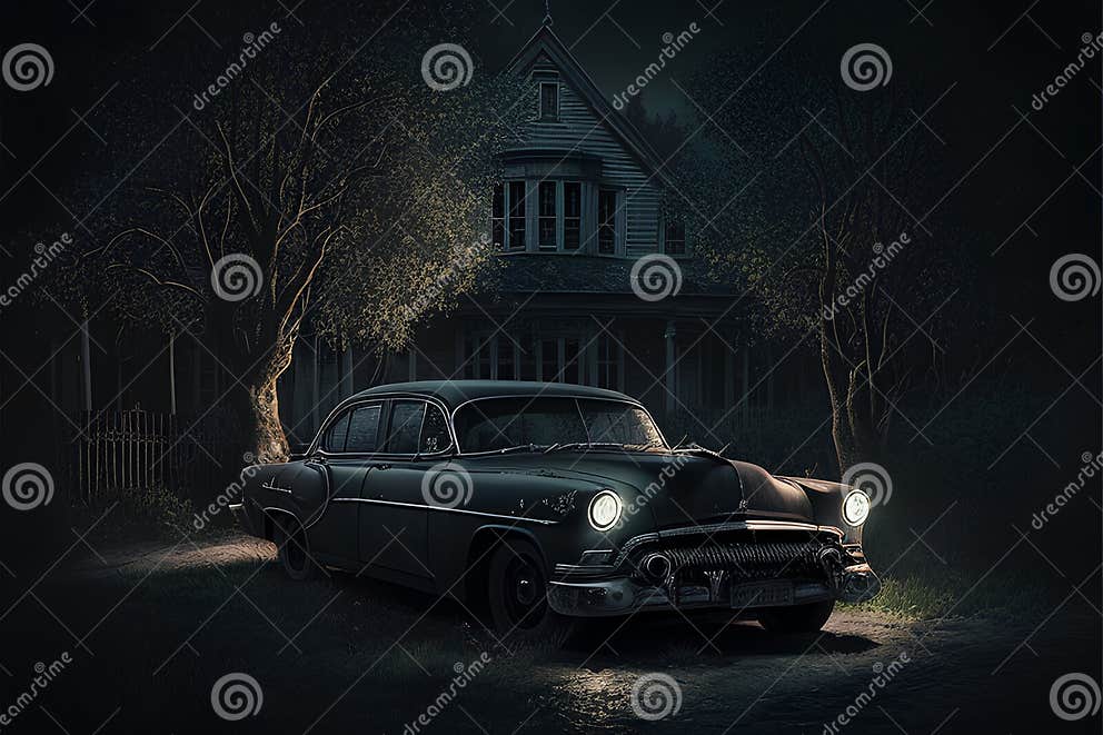 Vintage Car in Front of a Haunted House. 3d Rendering Stock ...