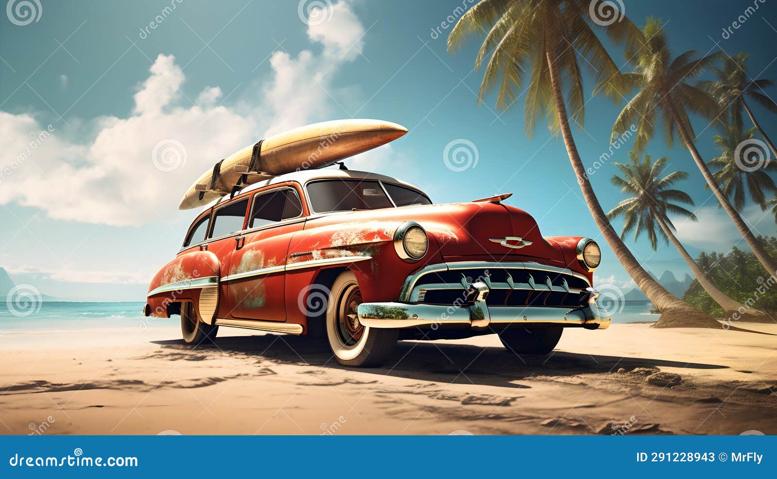 Vintage Car at Tropical Beach with Surfboard Stock Illustration ...