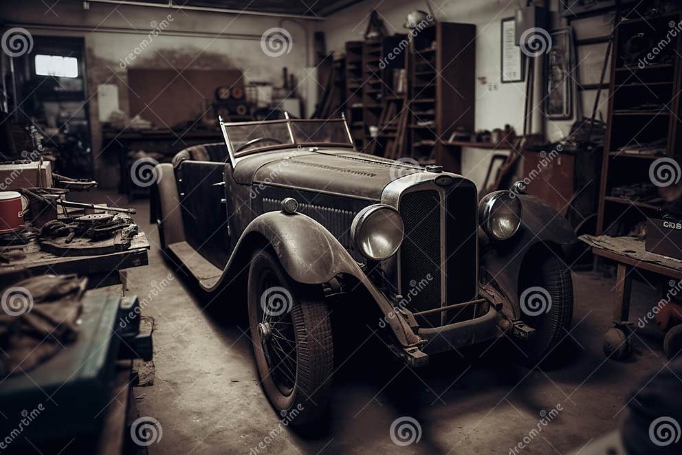 Vintage Car in the Workshop. Generative AI Stock Illustration - Illustration of workshop, engine ...