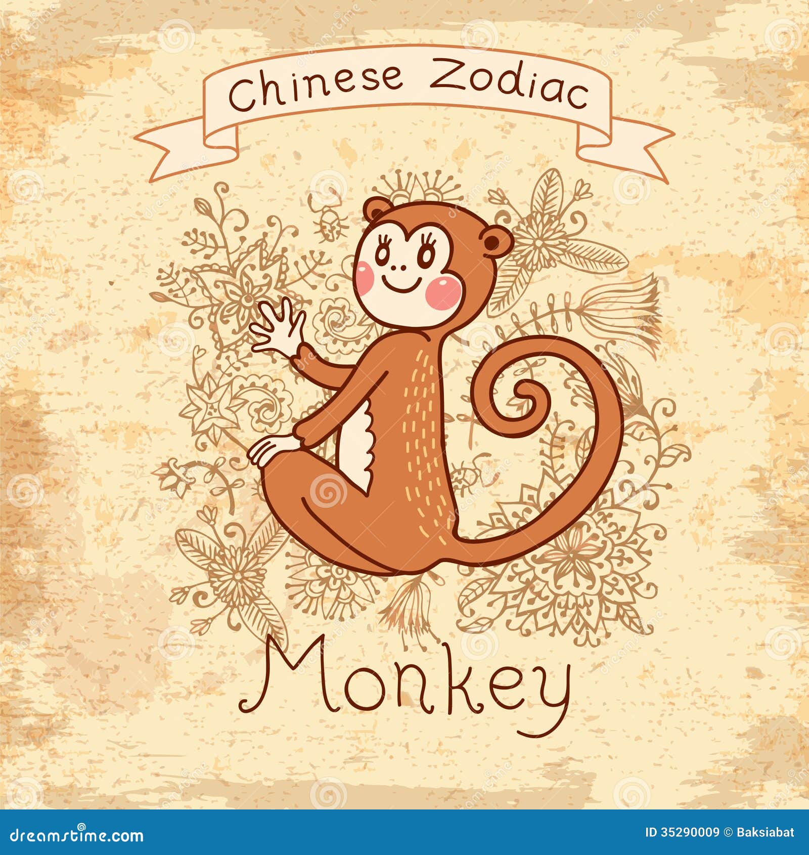 Vintage Card with Chinese Zodiac - Monkey Stock Vector - Illustration ...