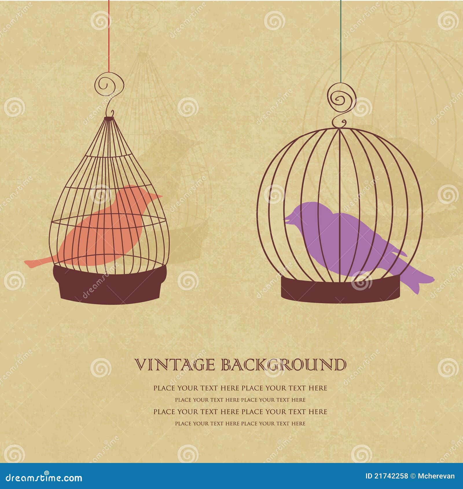 Vintage Card with Two Cute Birds in Cages Stock Vector - Illustration ...
