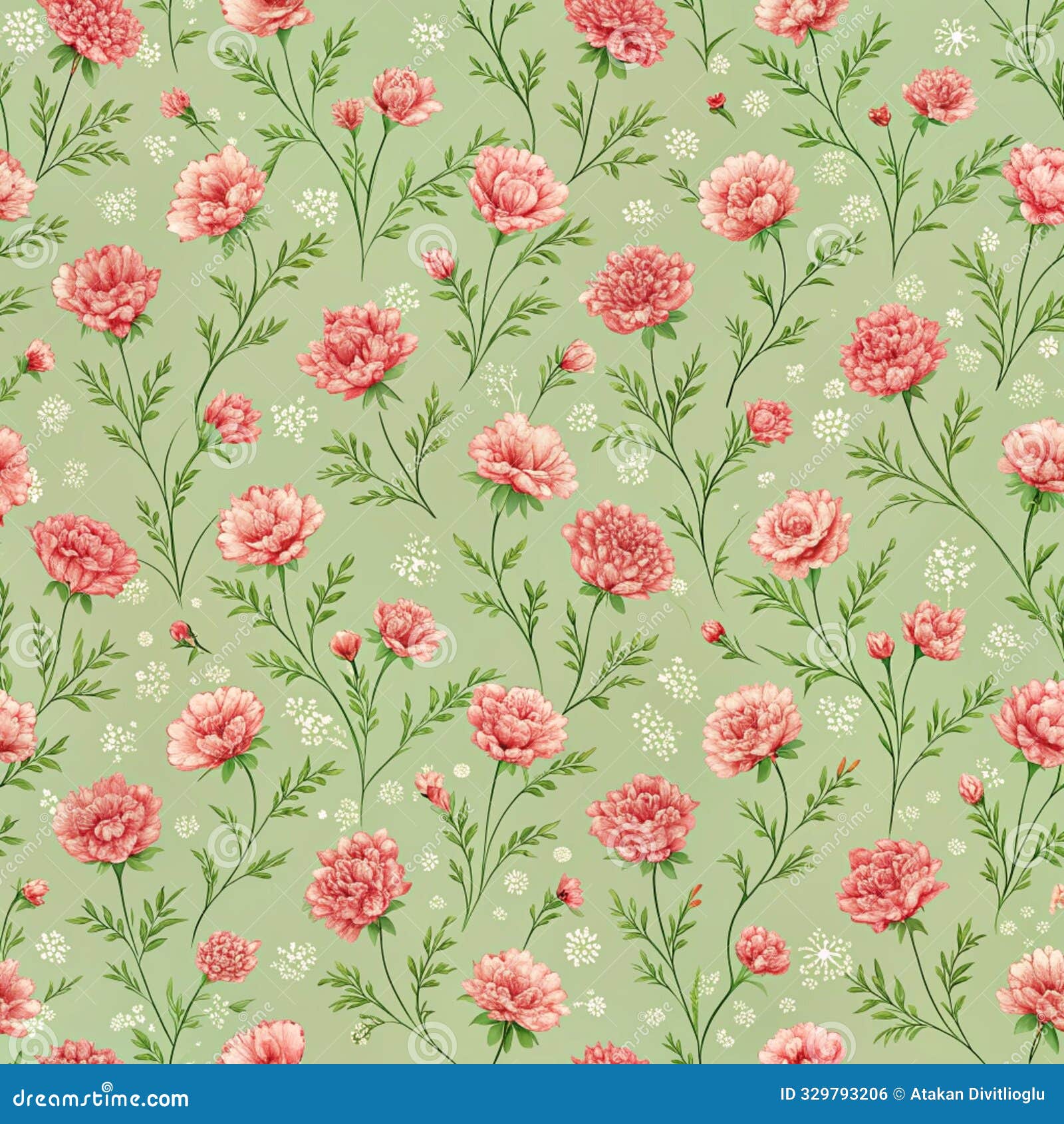 Vintage Carnation Pattern on Green Wallpaper Stock Illustration ...