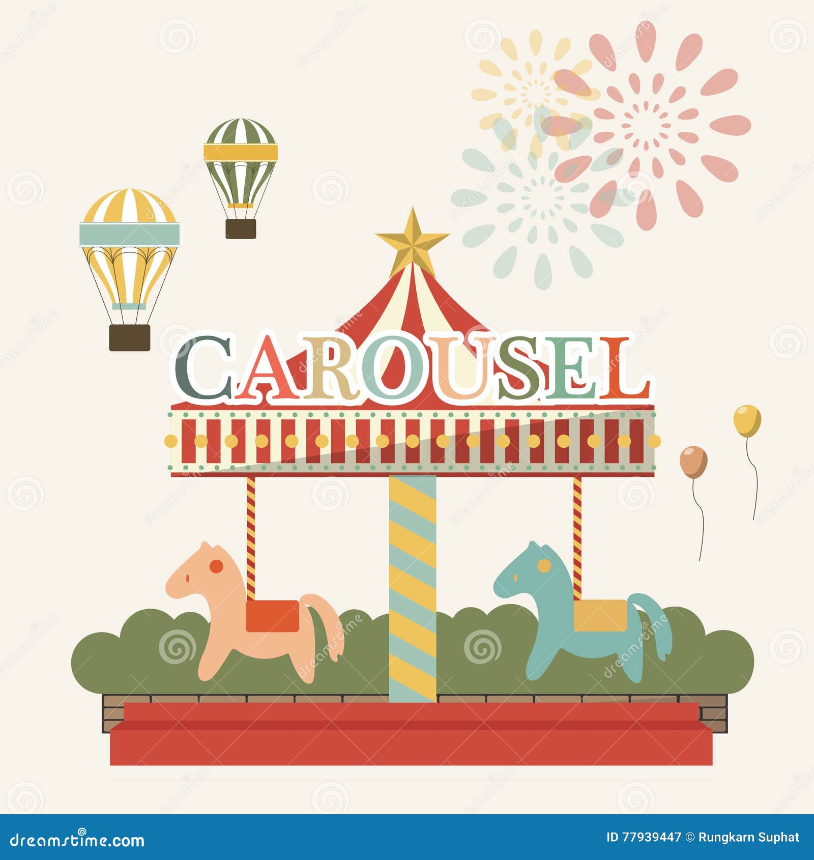 Vintage Carousel with Colorful Horses on a White Background. Vector ...