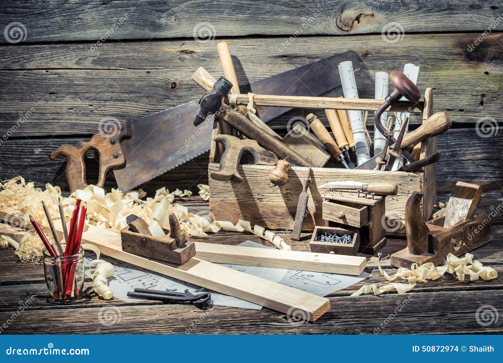 Vintage Carpenter Working Tools Stock Photo - Image of craft, wood ...