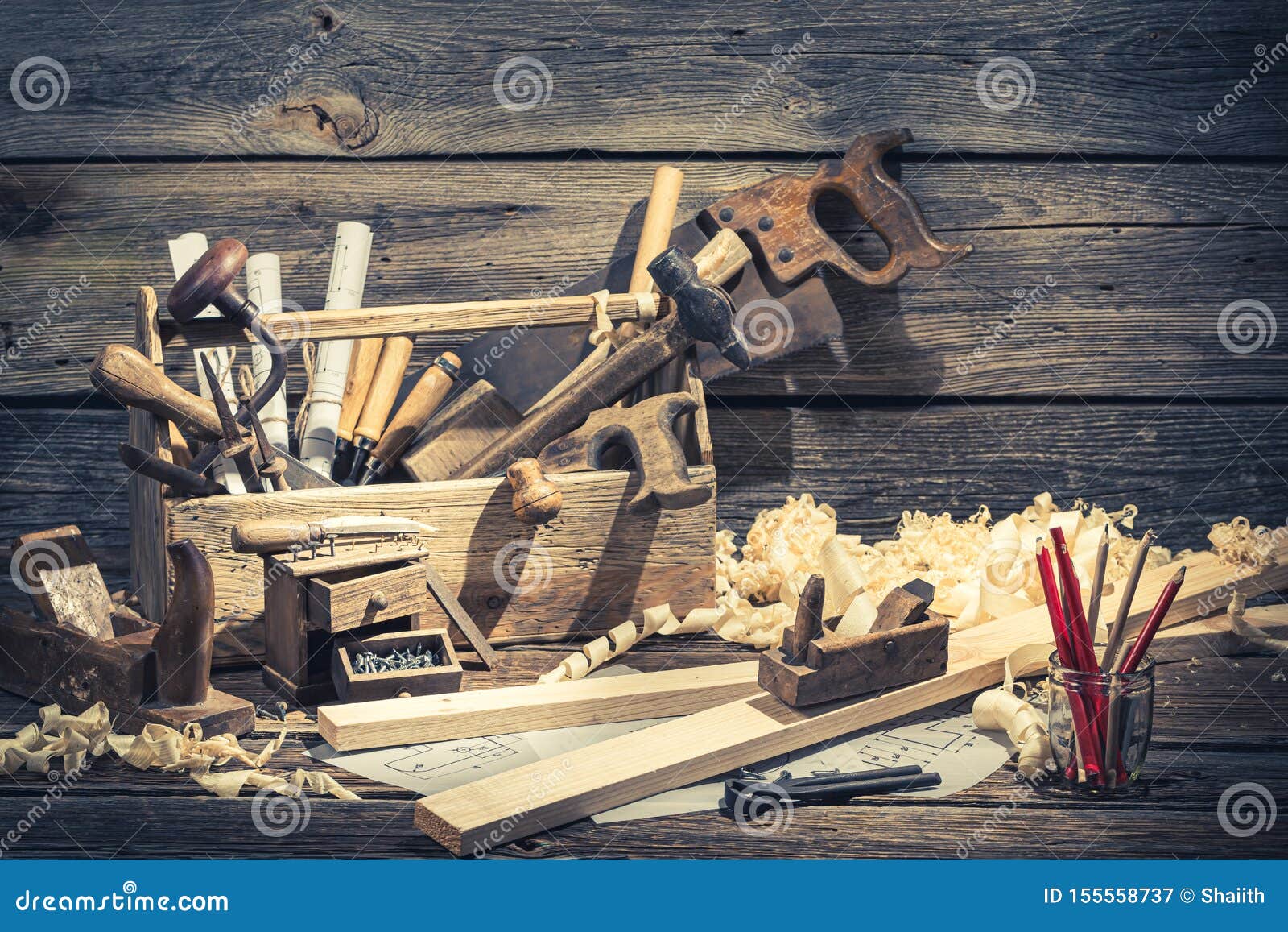 Vintage Carpenter Working Tools on Rustic Wooden Table Stock Image ...