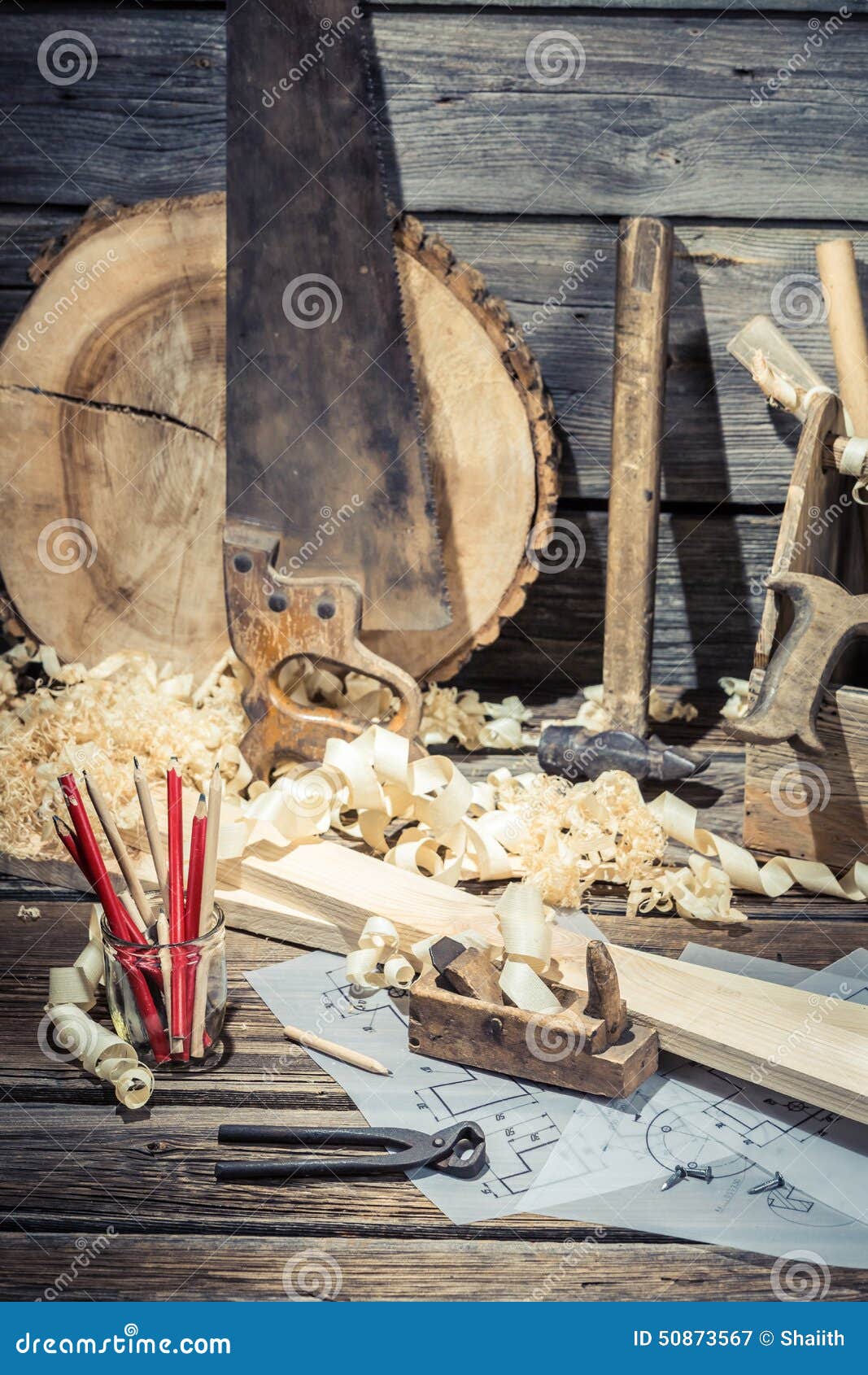 Vintage Carpentry Workshop with Tools Stock Image - Image of nail ...