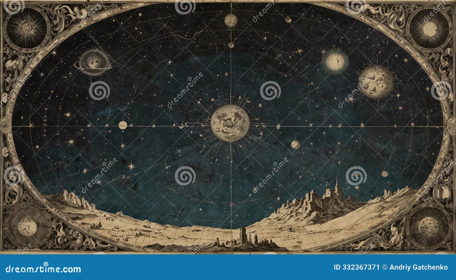 Vintage Celestial Map Engraving Depicting the Solar System and ...