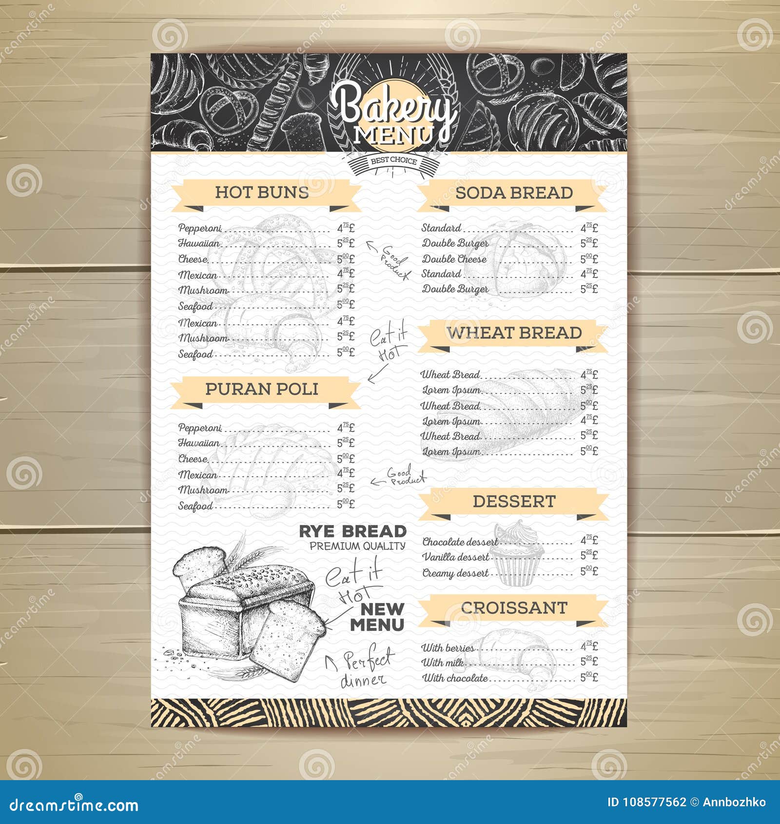Vintage Chalk Drawing Bakery Menu Design. Restaurant Menu Stock Vector ...
