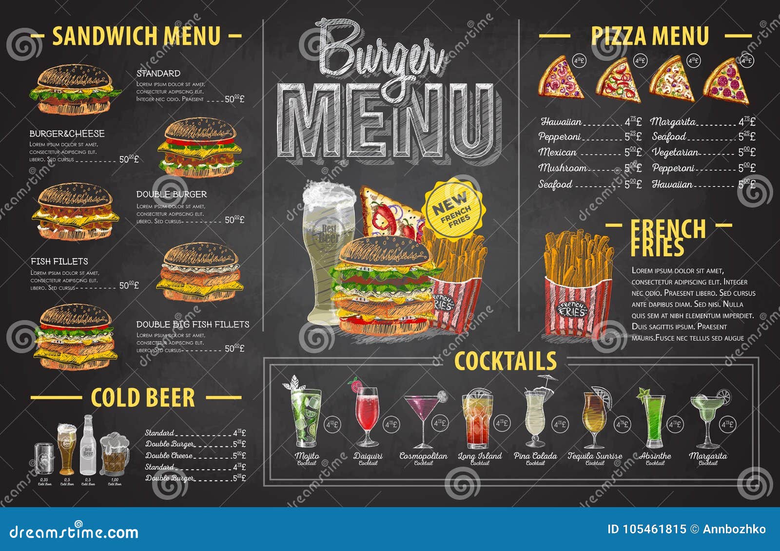 Vintage Chalk Drawing Burger Menu Design. Fast Food Menu Stock Vector ...
