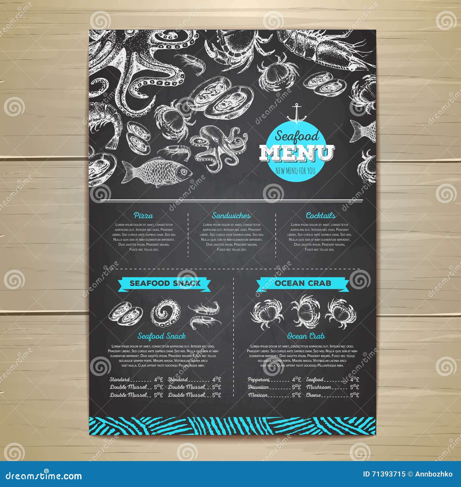Vintage Chalk Drawing Seafood Menu Design. Stock Vector - Illustration ...