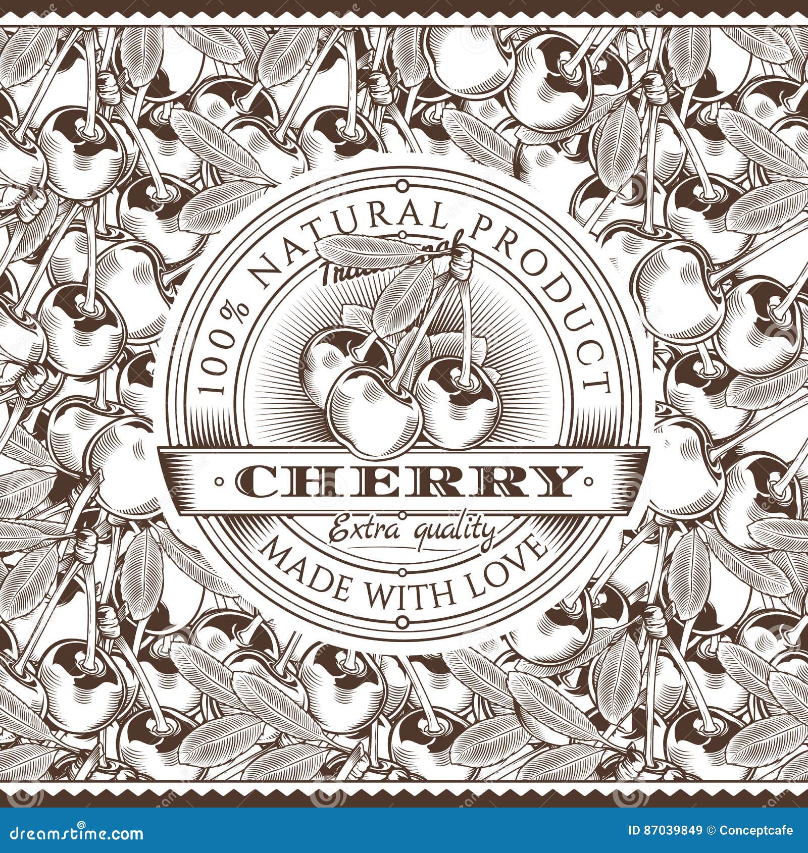 Vintage Cherry Label on Seamless Pattern Stock Vector - Illustration of ...