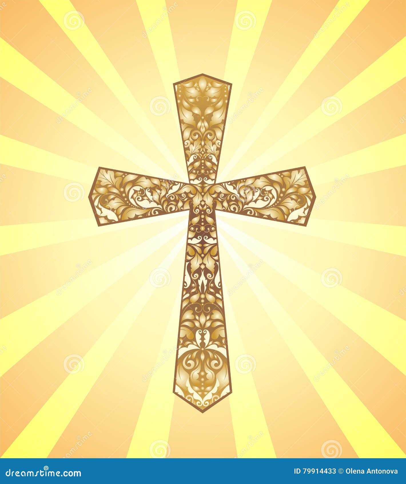 Vintage Christian Cross With Gold Floral Pattern On Background With Sun ...