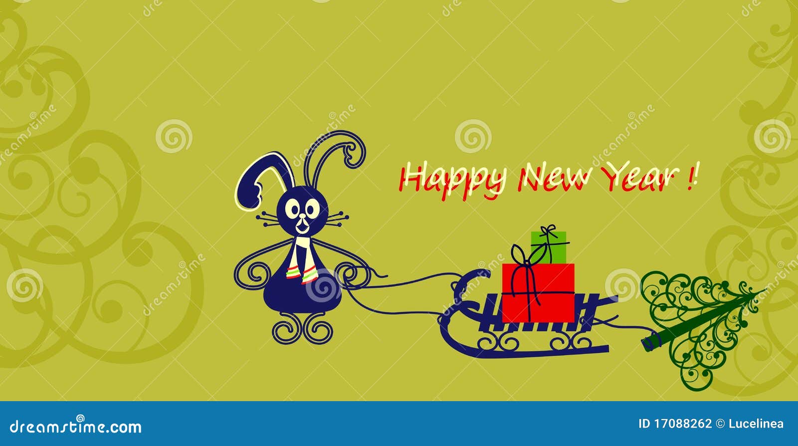 Vintage Christmas Card with Rabbit Stock Vector - Illustration of green ...