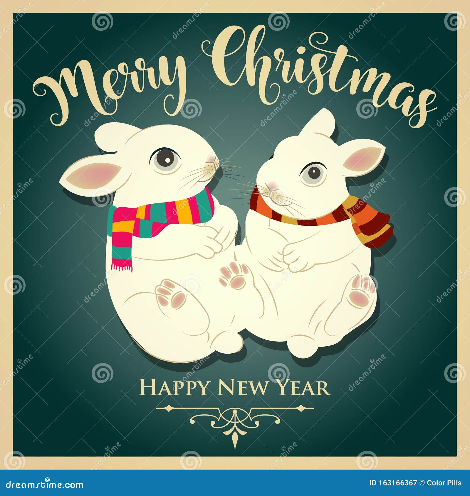 Vintage Christmas Card with Rabbits and Message. Christmas Poster ...