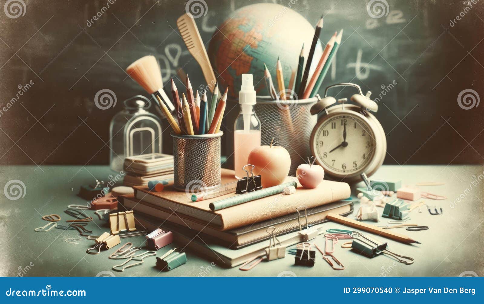 Vintage Classroom Essentials With Chalkboard Background, AI Generated ...
