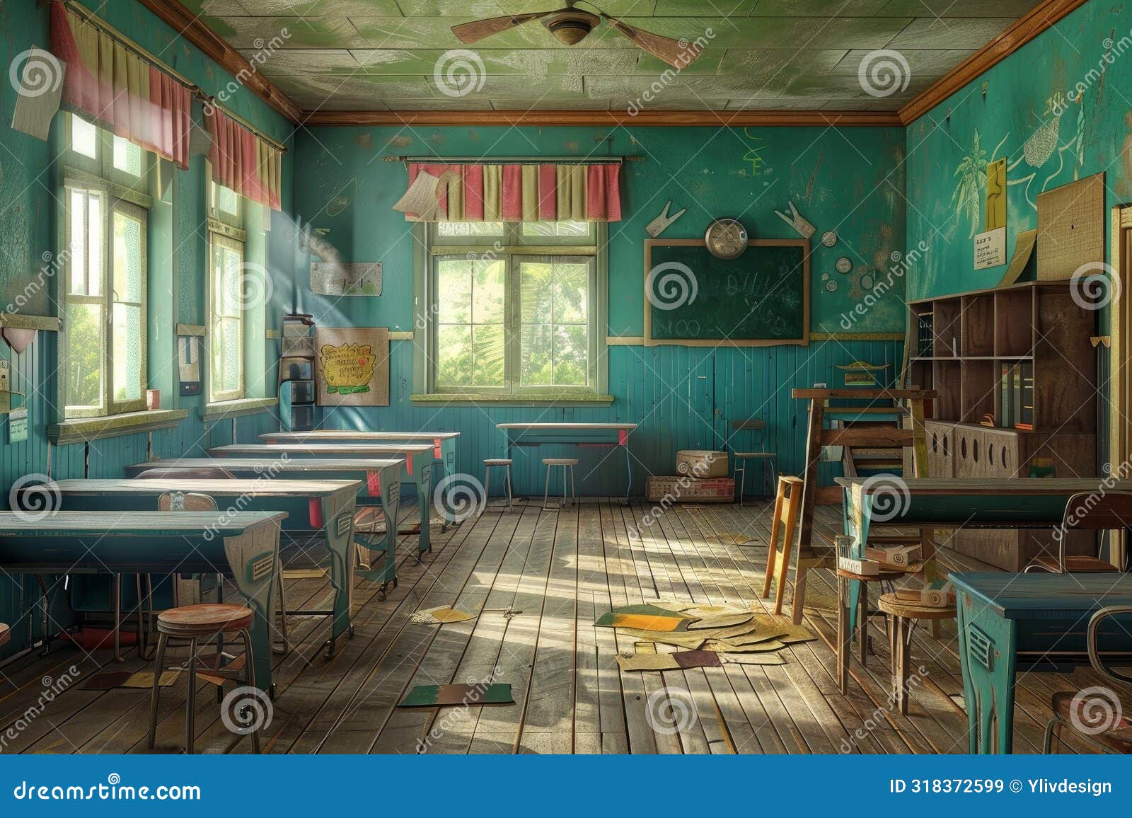 Vintage Classroom Interior with Sunlight Stock Image - Image of space ...