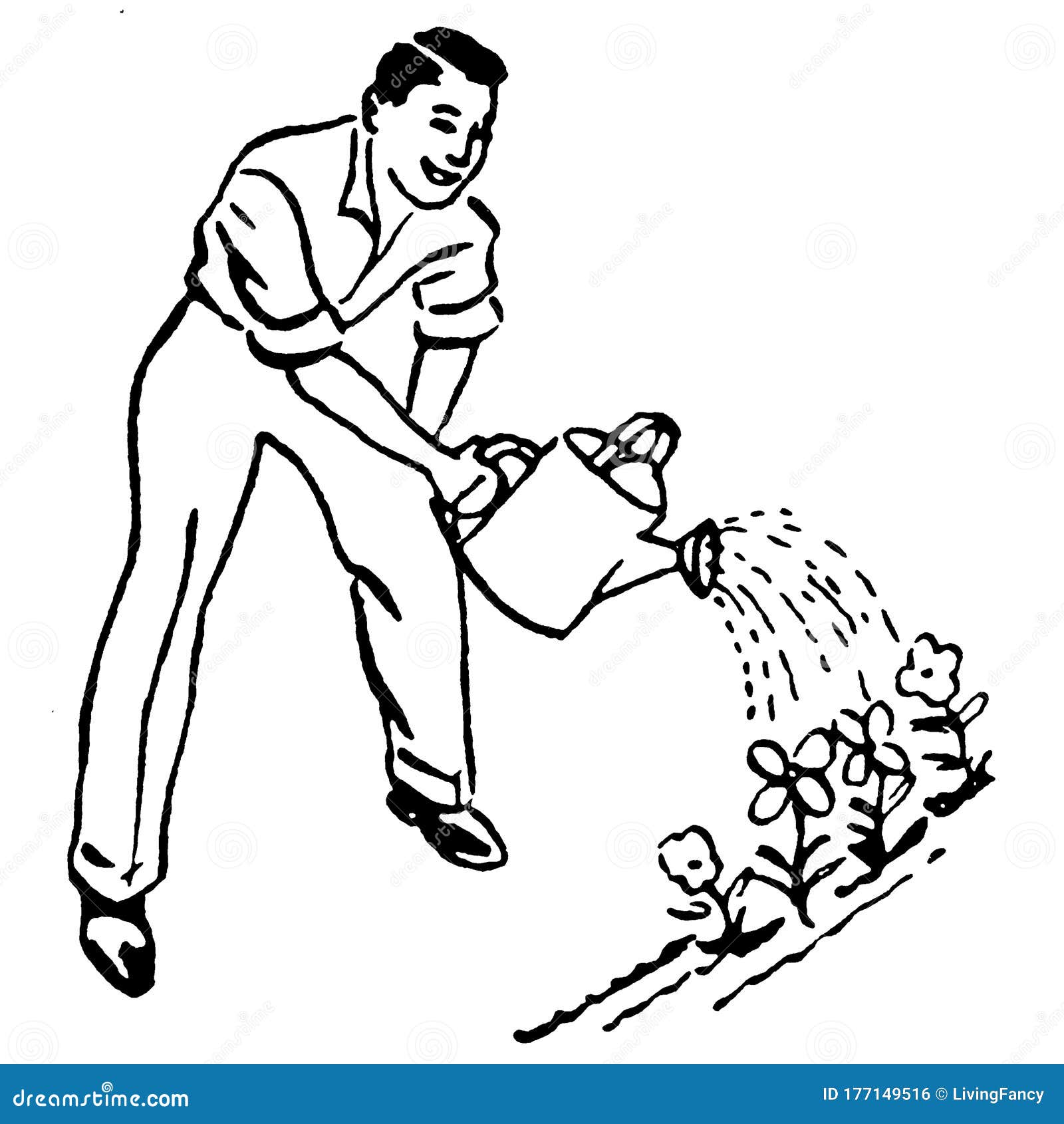 Vintage Clipart 190 Cartoon Man Watering His Garden Stock Illustration