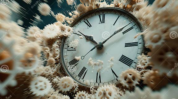 Vintage Clock Exploding with Gears and Fragments Flying through the Air ...