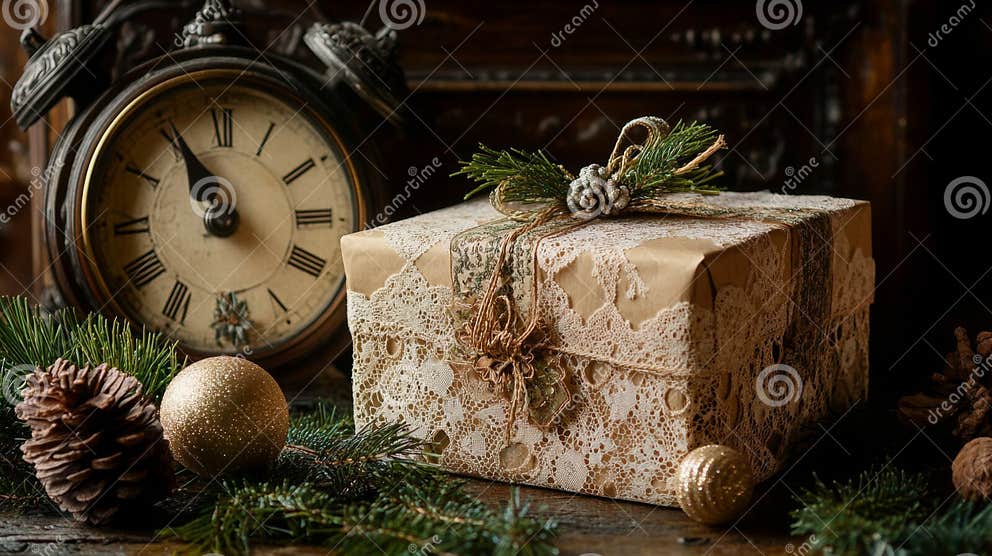 Vintage Clock, Gift Box, and Pine Cones Decorate a Rustic Tabletop ...