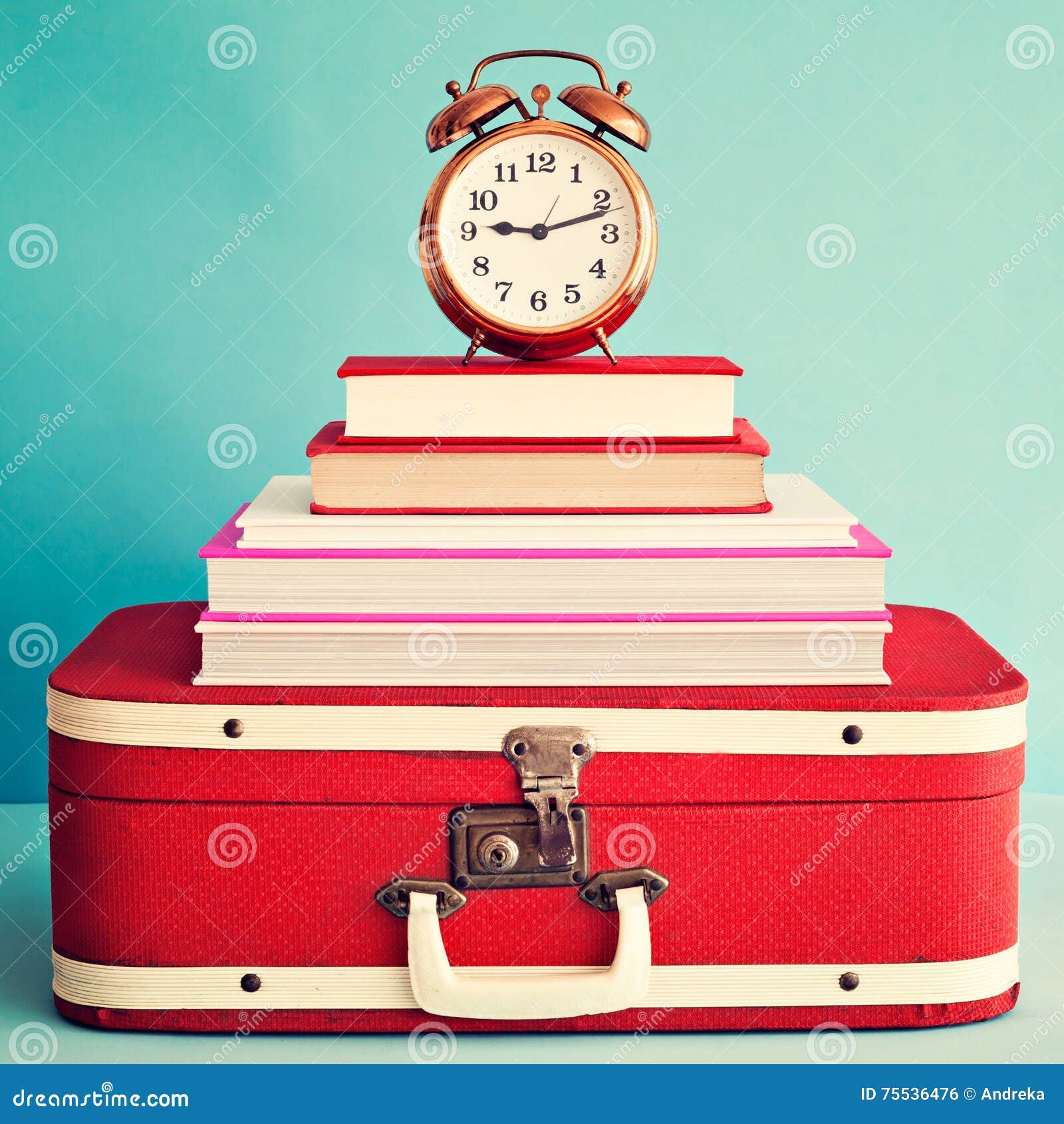 Vintage clock over books stock photo. Image of pile, notebook - 75536476