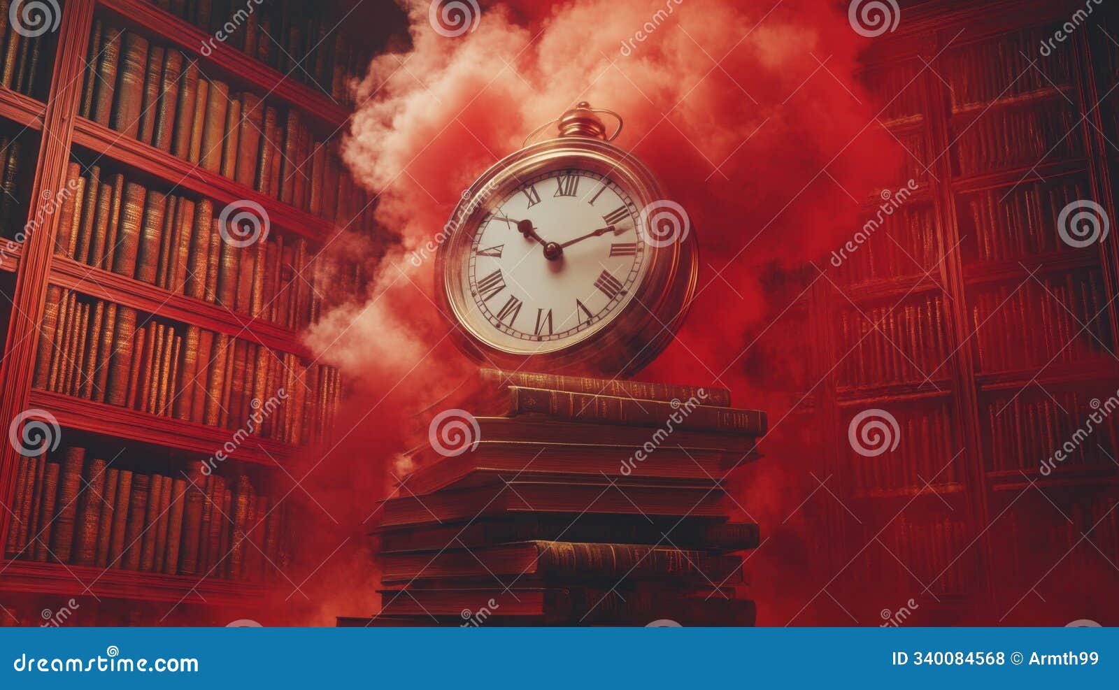 Vintage Clock on Stack of Books with Red Smoke in a Library Setting ...