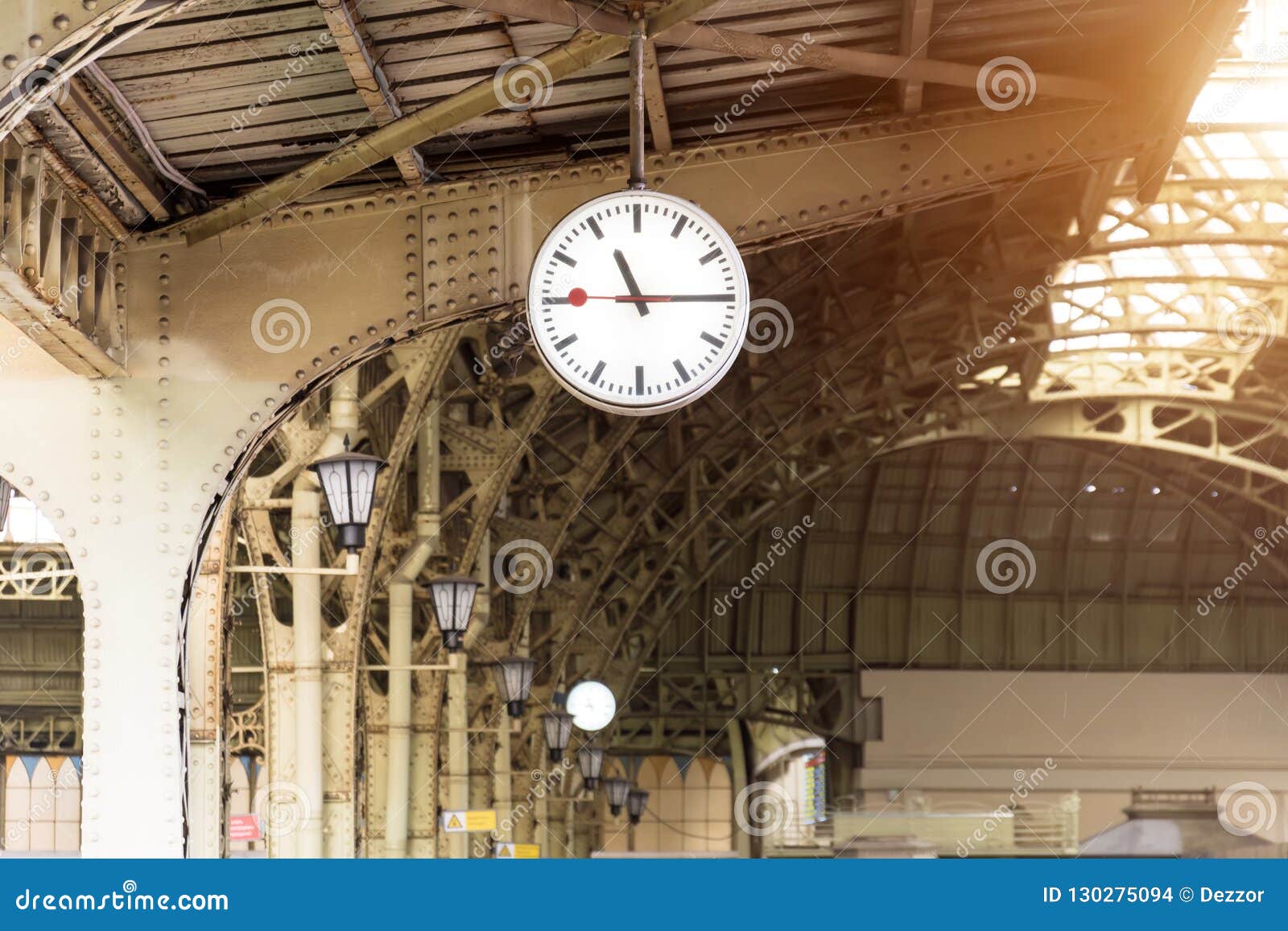 Vintage Clock on Train Station with Building Roof. Stock Photo - Image ...