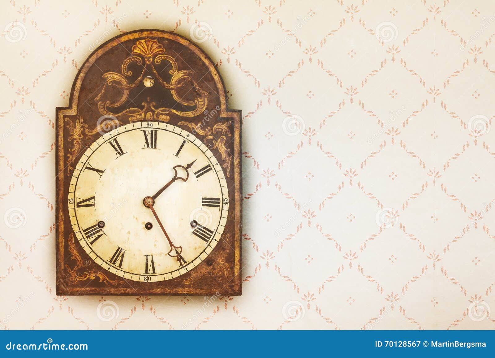 Vintage Clock on a Wall with Retro Wallpaper Stock Image - Image of ...