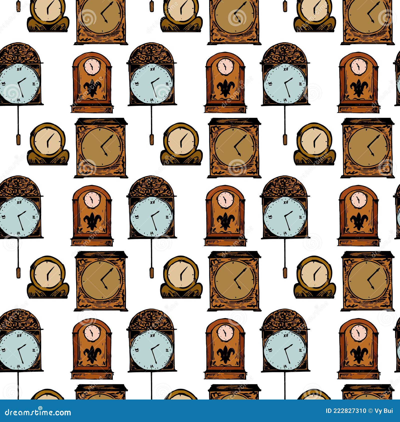 Vintage Clocks Pattern. Cuckoo, Pendulum, Square Clock Hand Drawn ...