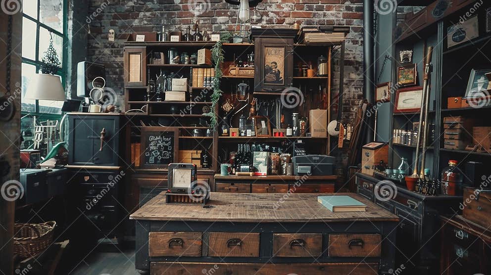 Vintage Cluttered Workshop Interior Stock Image - Image of shelves ...
