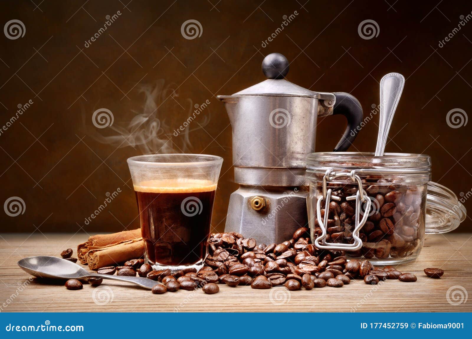 Vintage Coffee Break on Old Wooden Table. Stock Image - Image of black ...