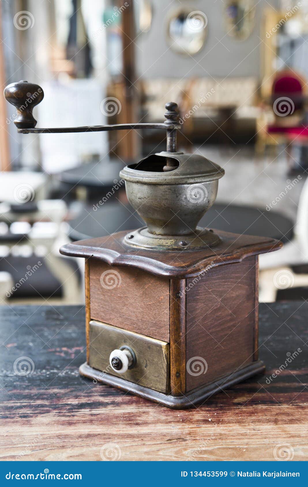 Vintage Coffee Maker on Wooden Table Over Cafe Background Stock Image ...