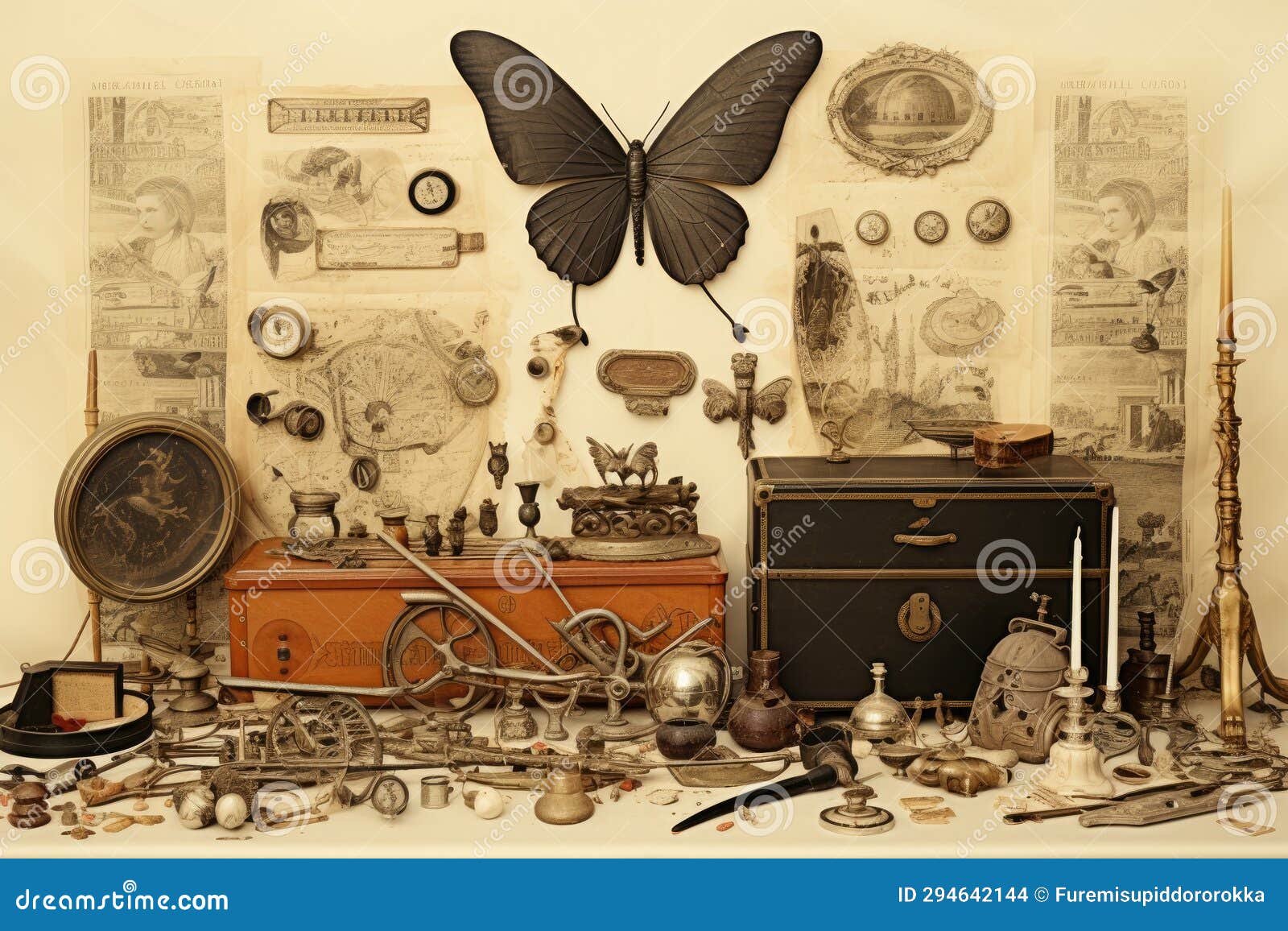 Vintage Collage Depicting Antique Objects Stock Illustration ...