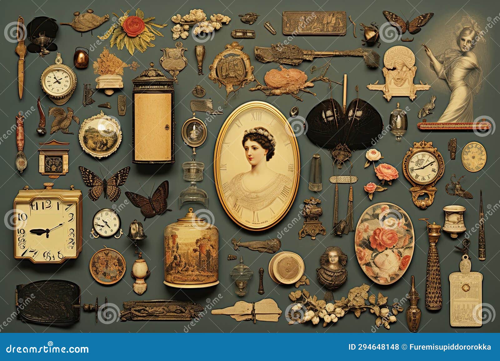 Vintage Collage Depicting Antique Objects Stock Illustration ...