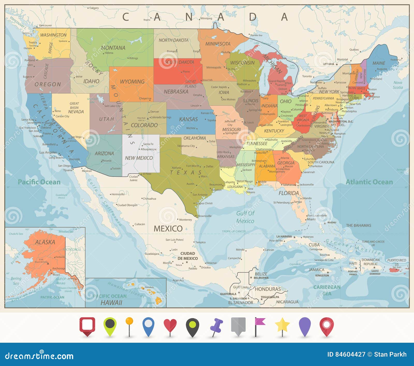 Vintage Color Political Map of USA and Flat Map Pointers Stock Vector ...
