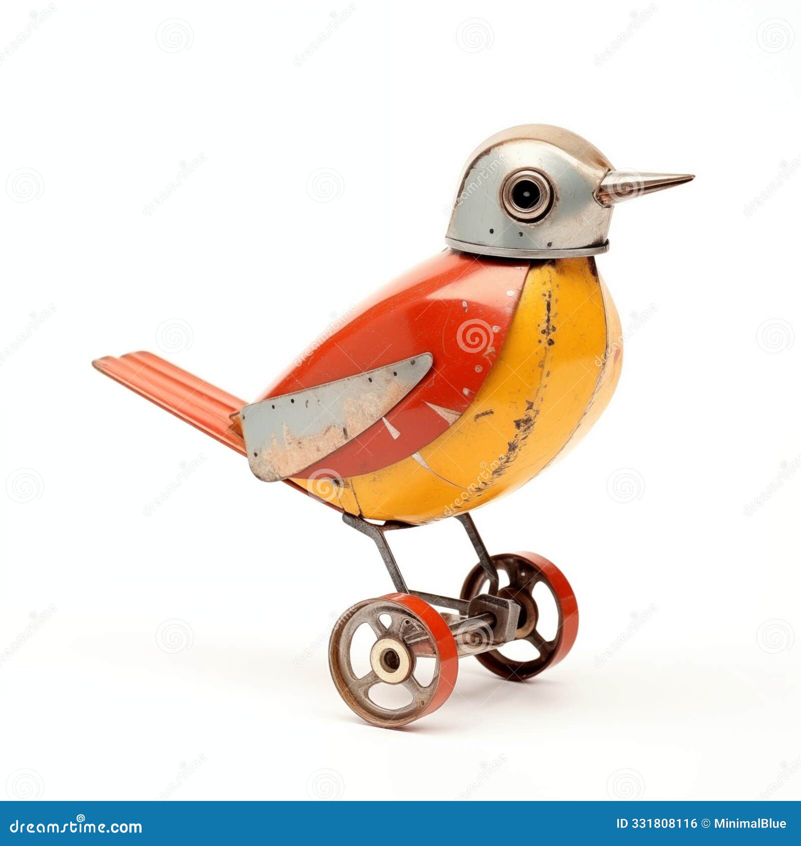 Vintage Colorful Tin Bird with Wheels on White Background Stock ...