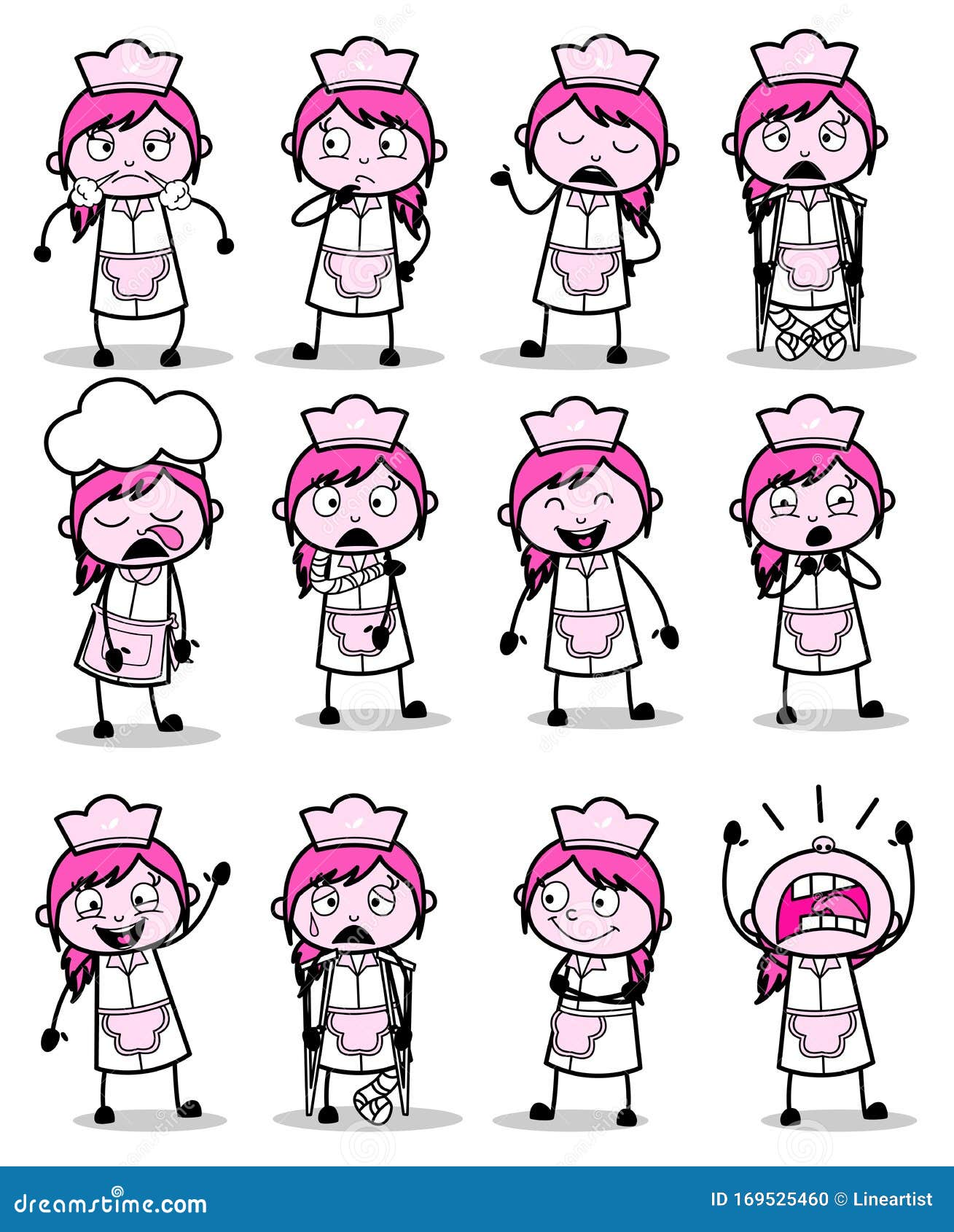 Vintage Comic Poses of Waitress - Set Concepts Vector Illustraties ...
