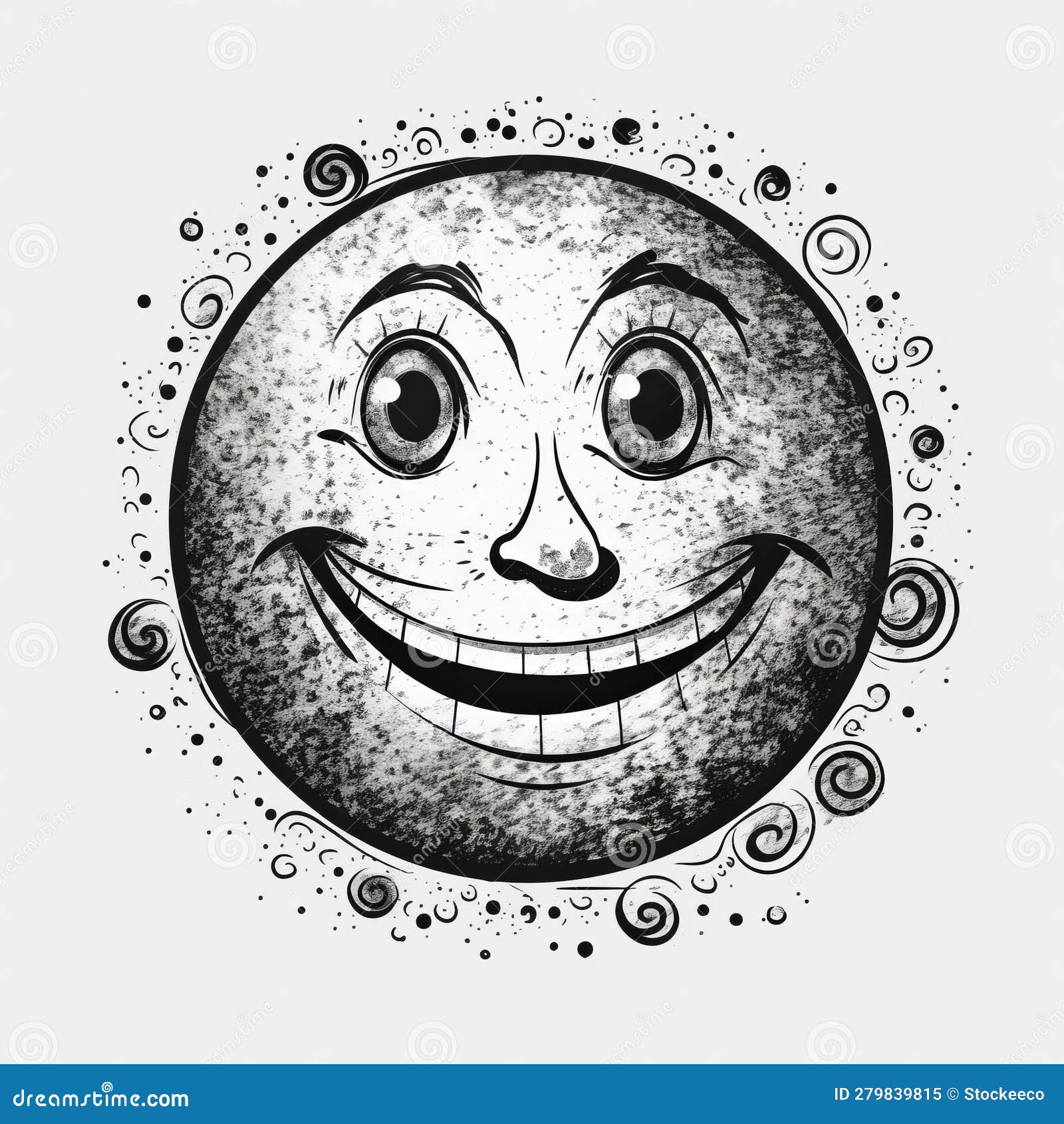 Vintage Comic Style Moon Image with Smiling Faces in Gold and Black ...