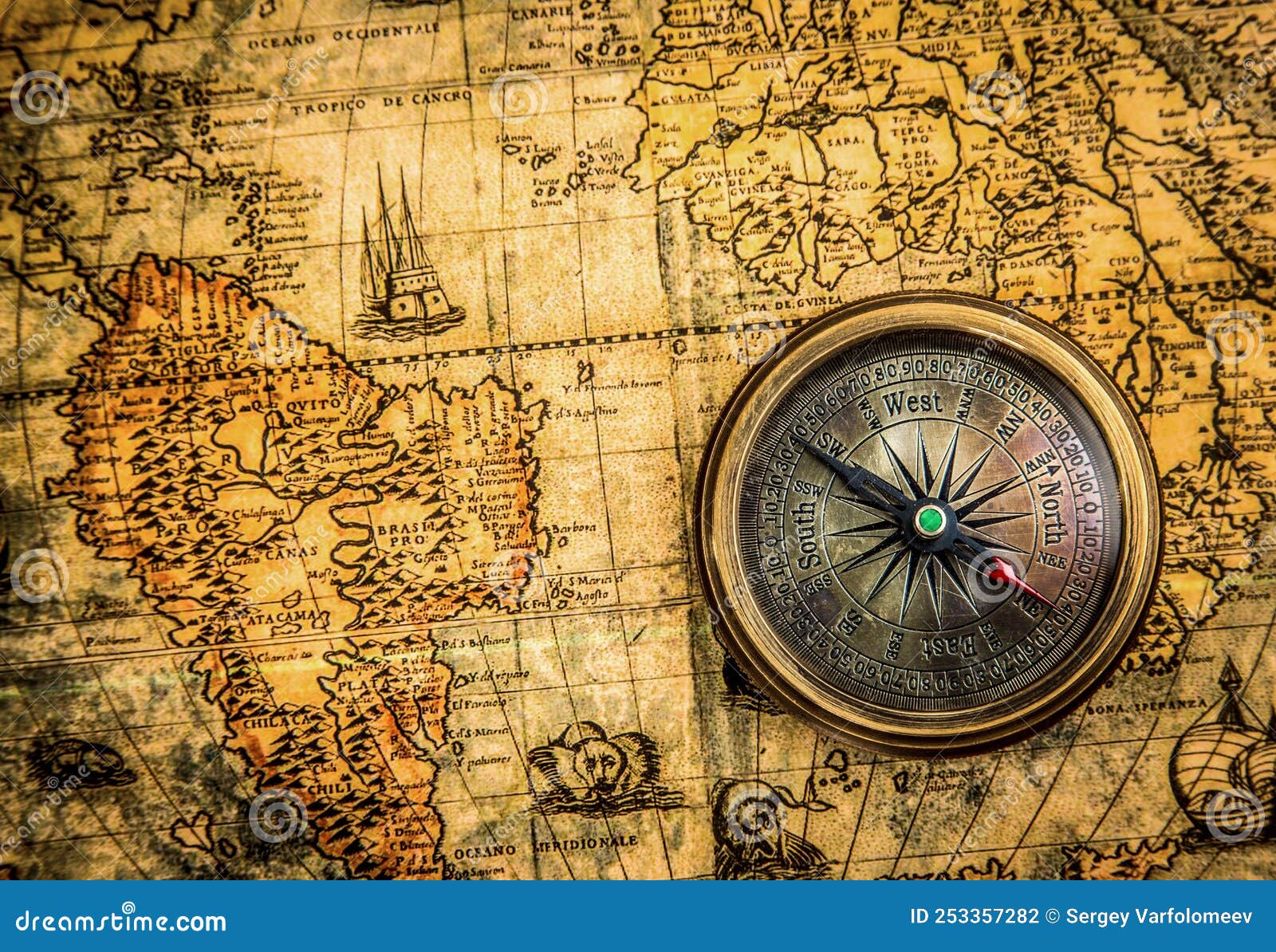 Vintage Compass on an Ancient World Map. Editorial Photography - Image ...