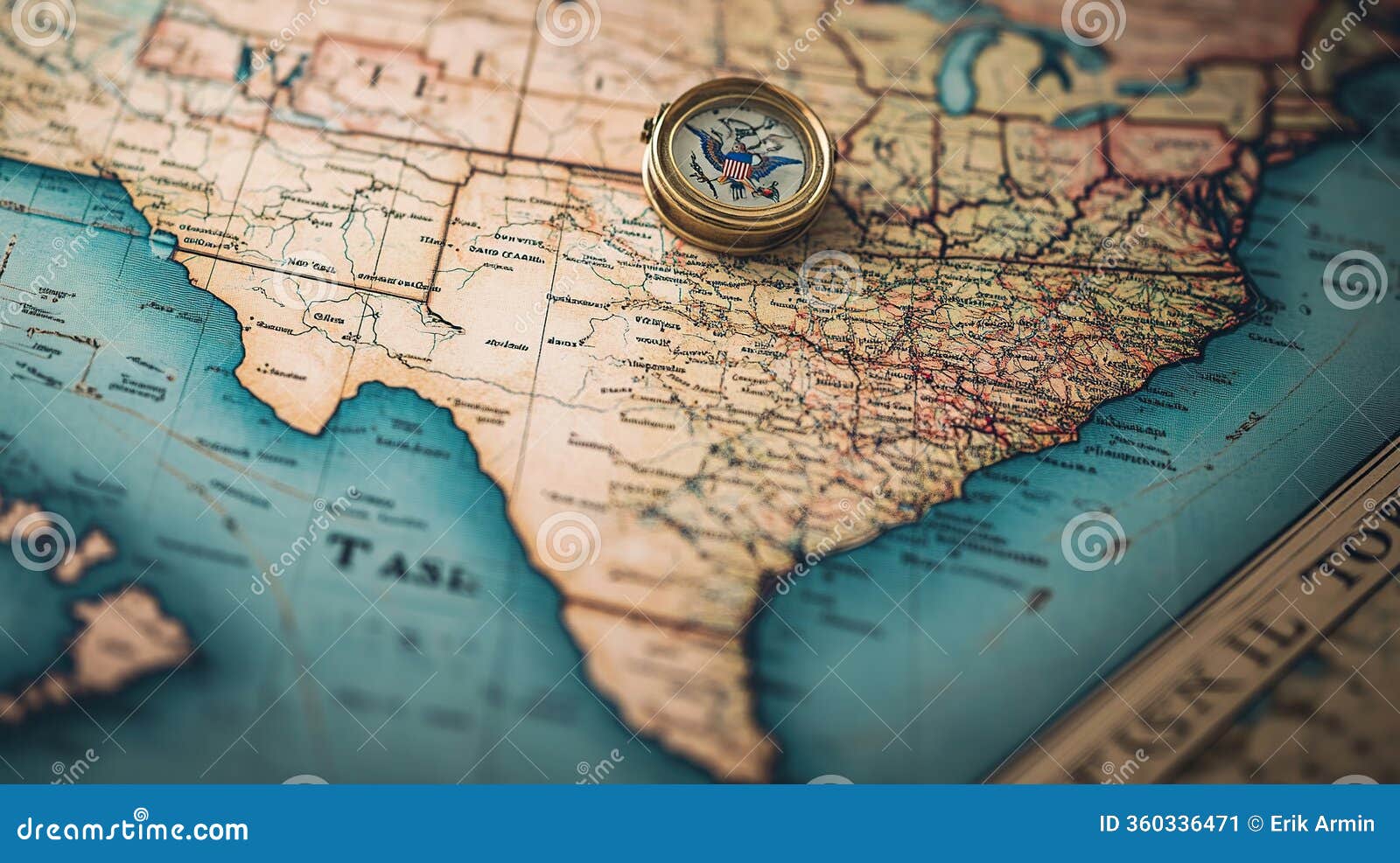 Vintage Compass on Antique Map of USA Stock Image - Image of adventure ...