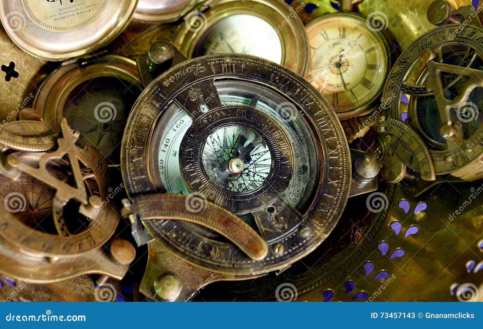 VINTAGE COMPASS and CLOCKS stock image. Image of symbol - 73457143