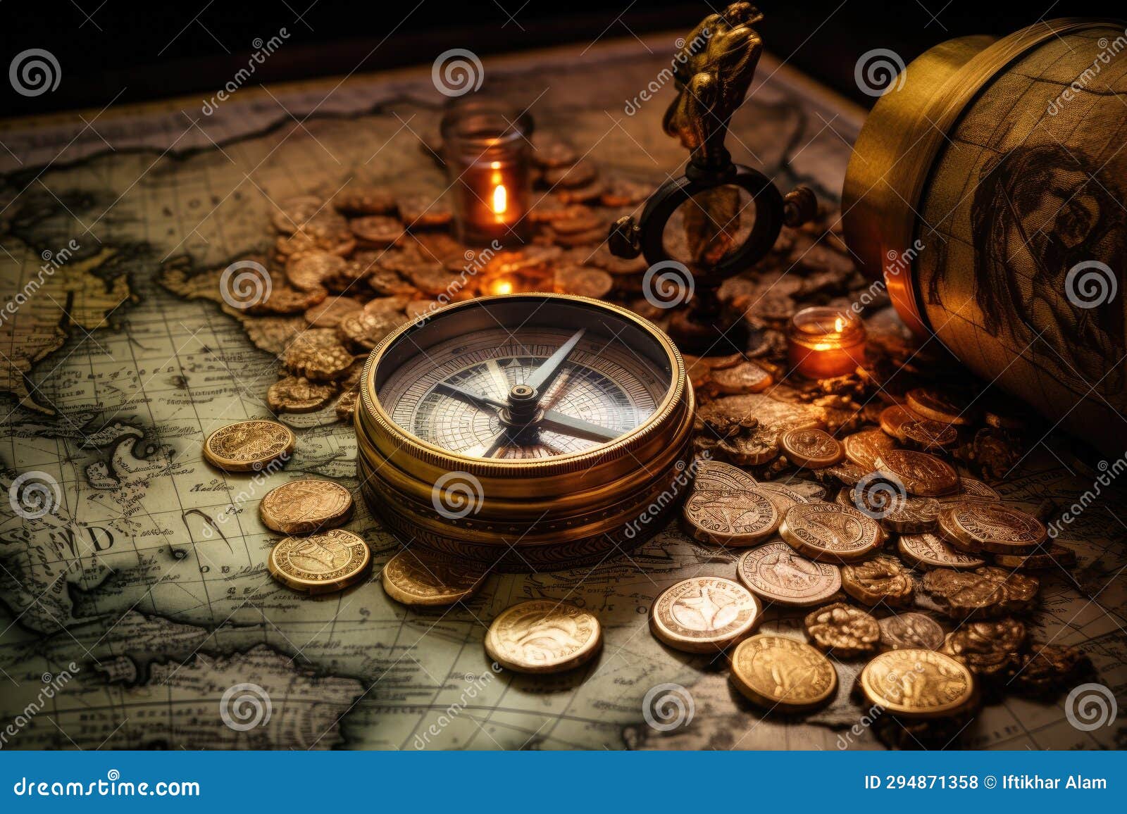 Vintage Compass and Coins on Old Map. Treasure Concept Stock ...