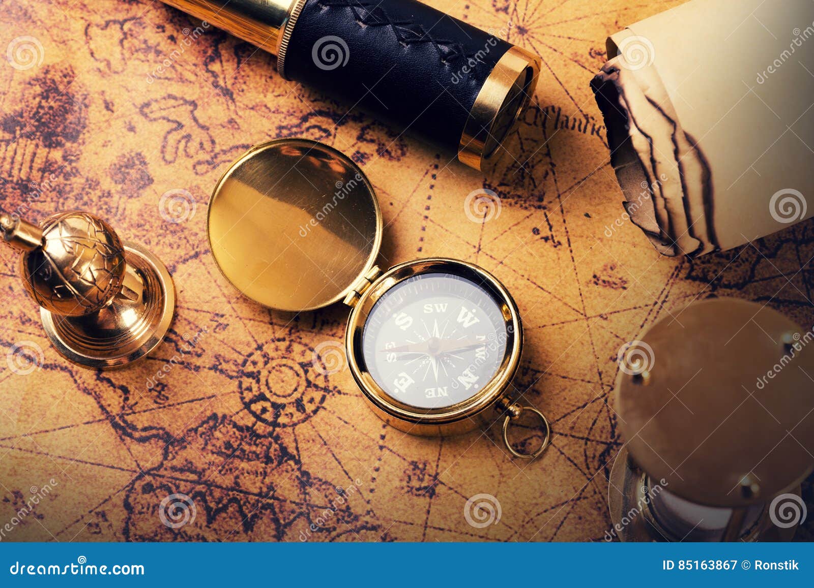 Vintage Compass and Items on Ancient Treasure Map Stock Image - Image ...