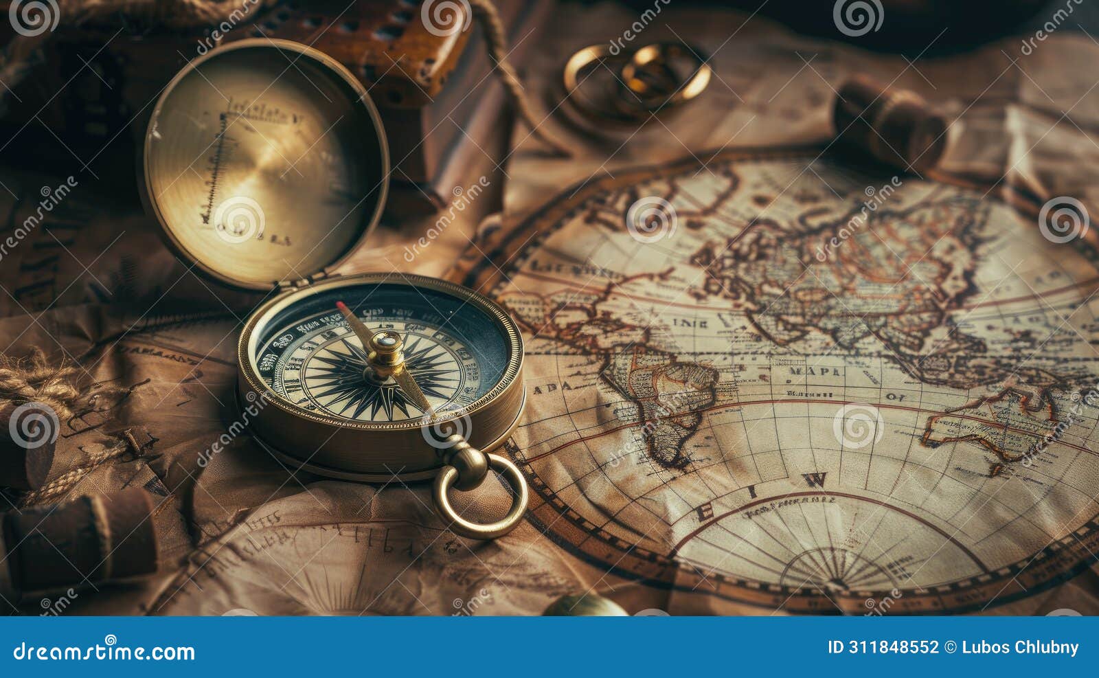 Vintage Compass Lies on an Ancient World Map Stock Illustration ...