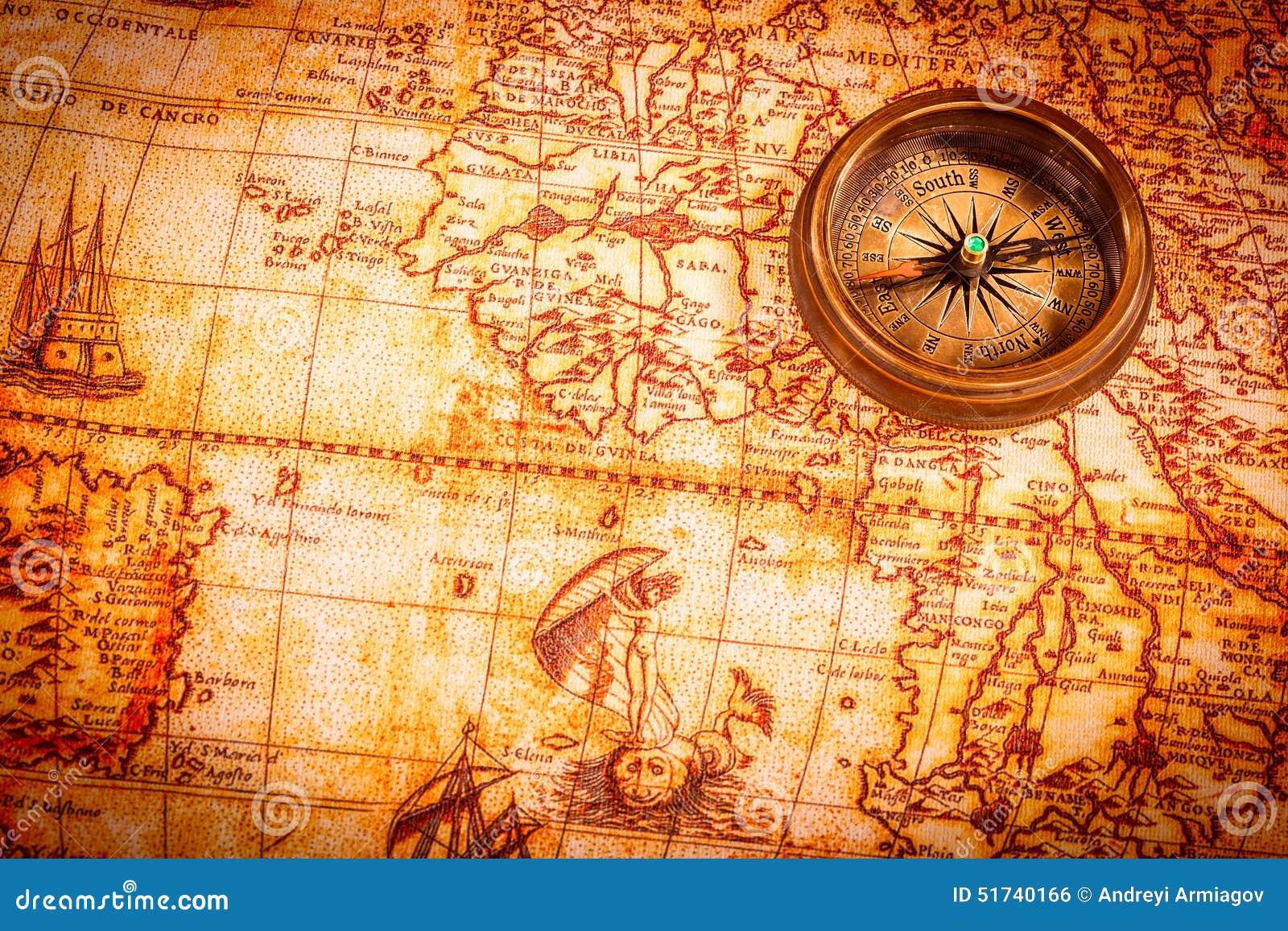 Vintage Compass Lies on an Ancient World Map. Stock Photo - Image of ...
