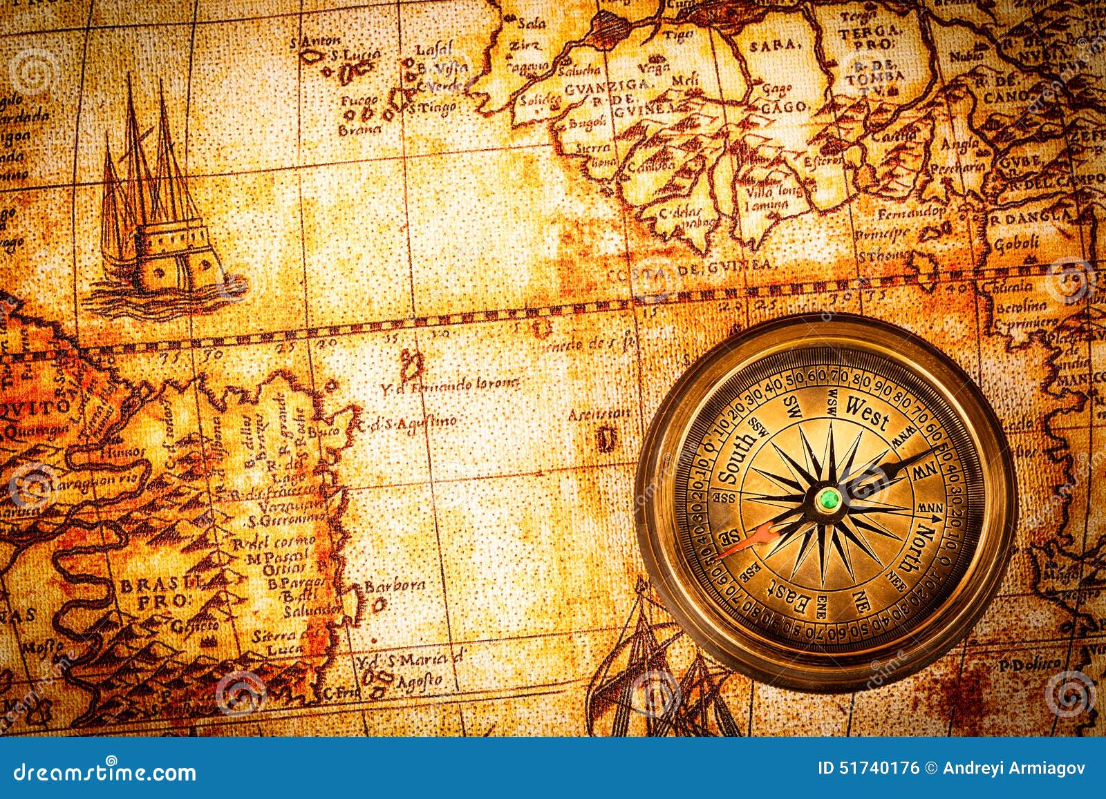 Vintage Compass Lies on an Ancient World Map. Stock Photo - Image of ...