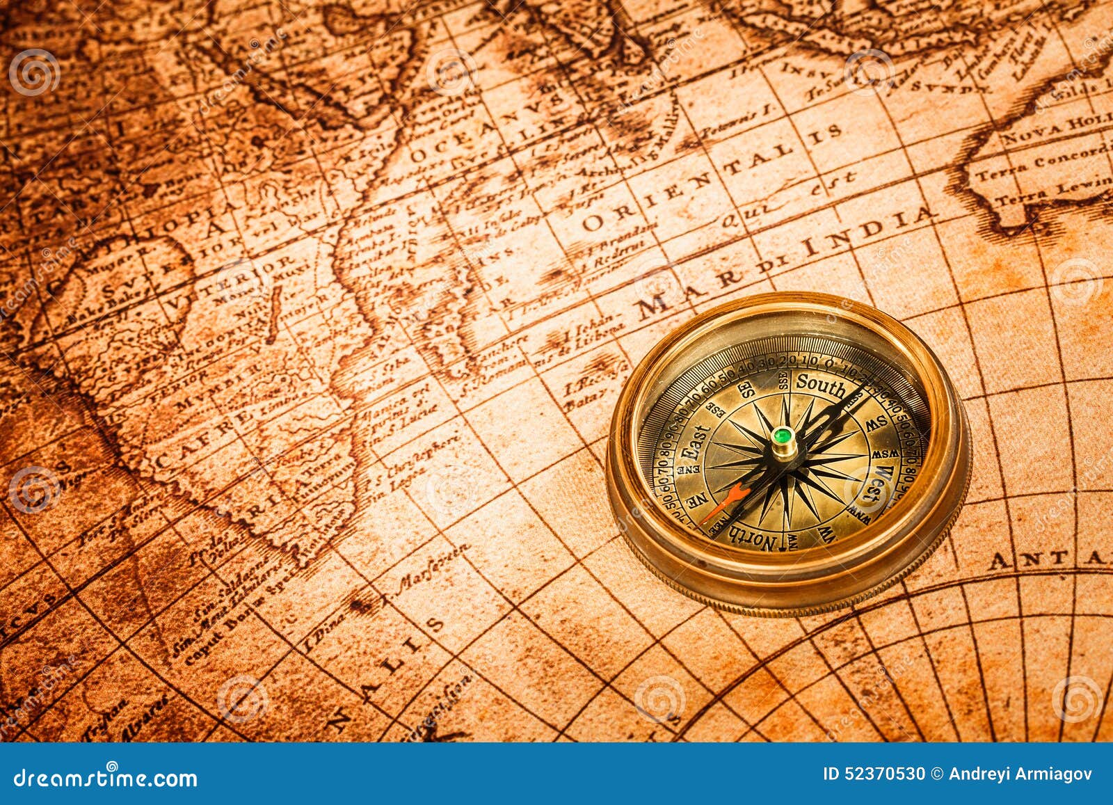 Vintage Compass Lies on an Ancient World Map. Stock Photo - Image of ...